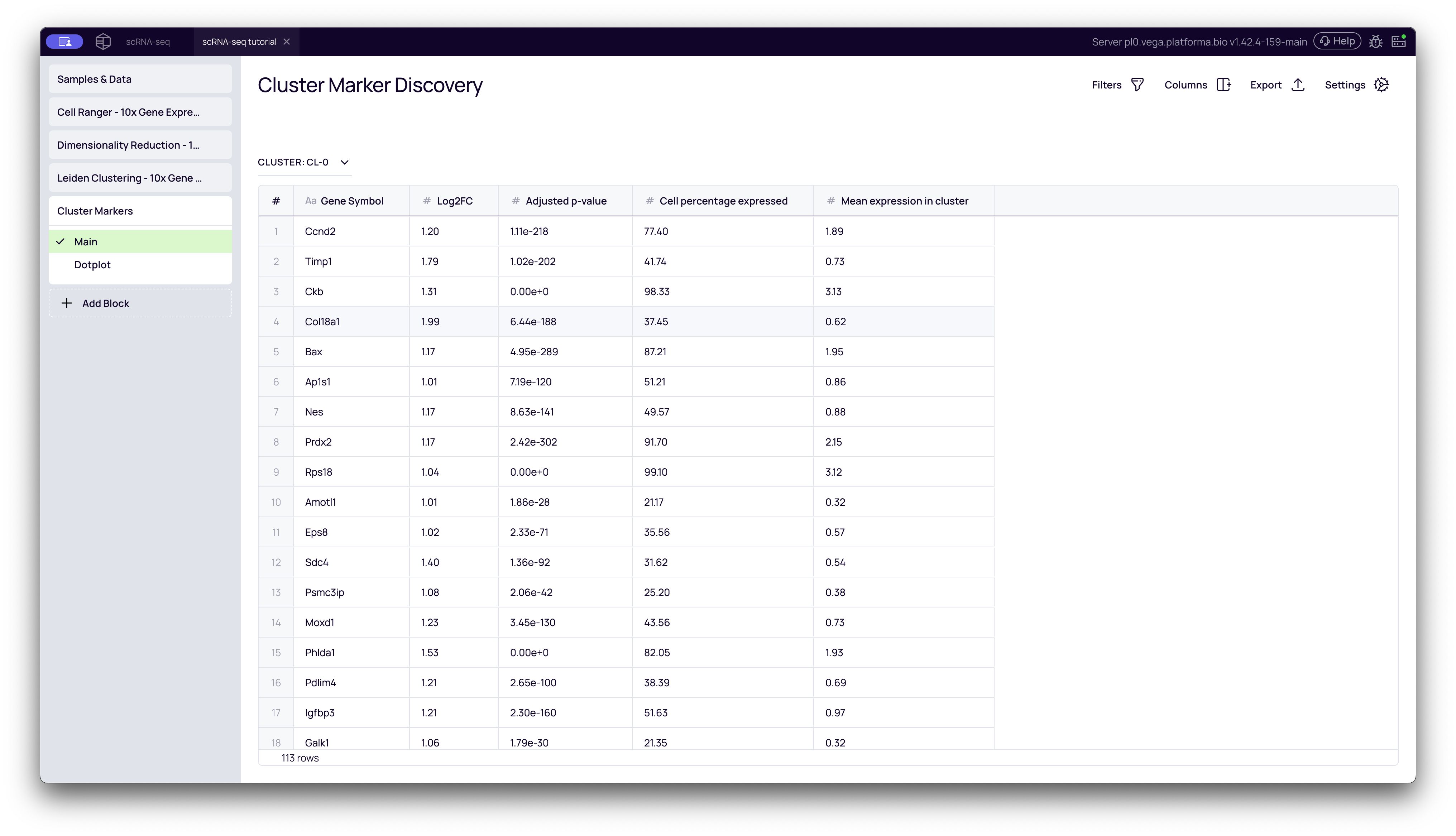 Cluster Markers (DEGs) | Platforma docs